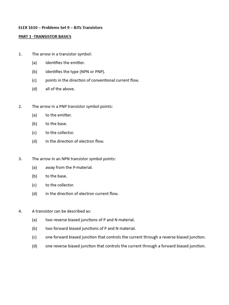 ELEX 1610 - Problems Set 9 - BJTs Transistors | PDF | Science & Mathematics ELEX 1610 - Problems Set 9 - BJTs Transistors | PDF | Science & Mathematics
