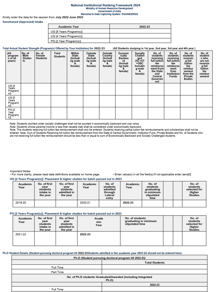 NIRF Data Form For Deptt 2024 | PDF