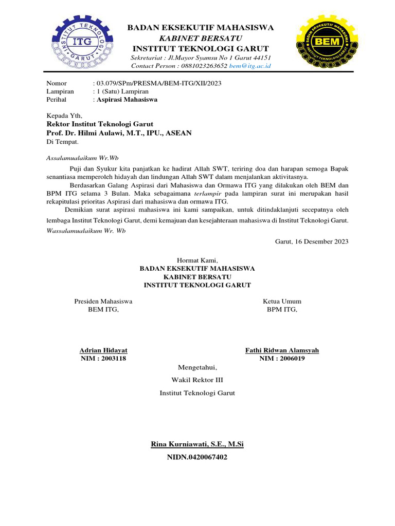 079 Surat Aspirasi Rektor Itg | PDF