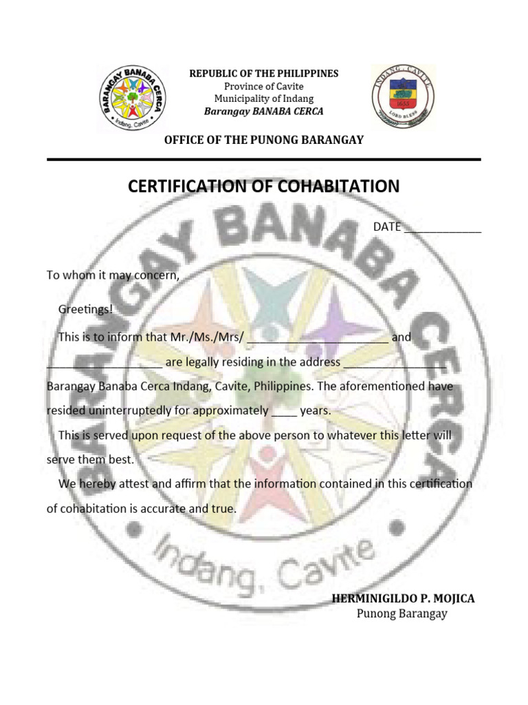 Barangay Certificate of Cohabitation | PDF
