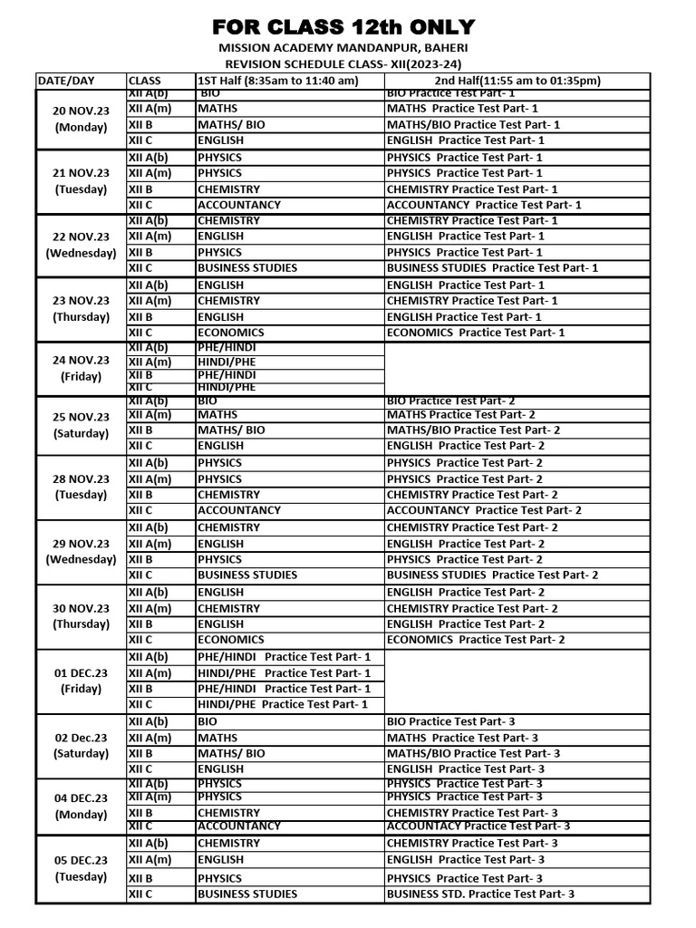 Revision Schedule Class Xii-2 | PDF Revision Schedule Class Xii-2 | PDF