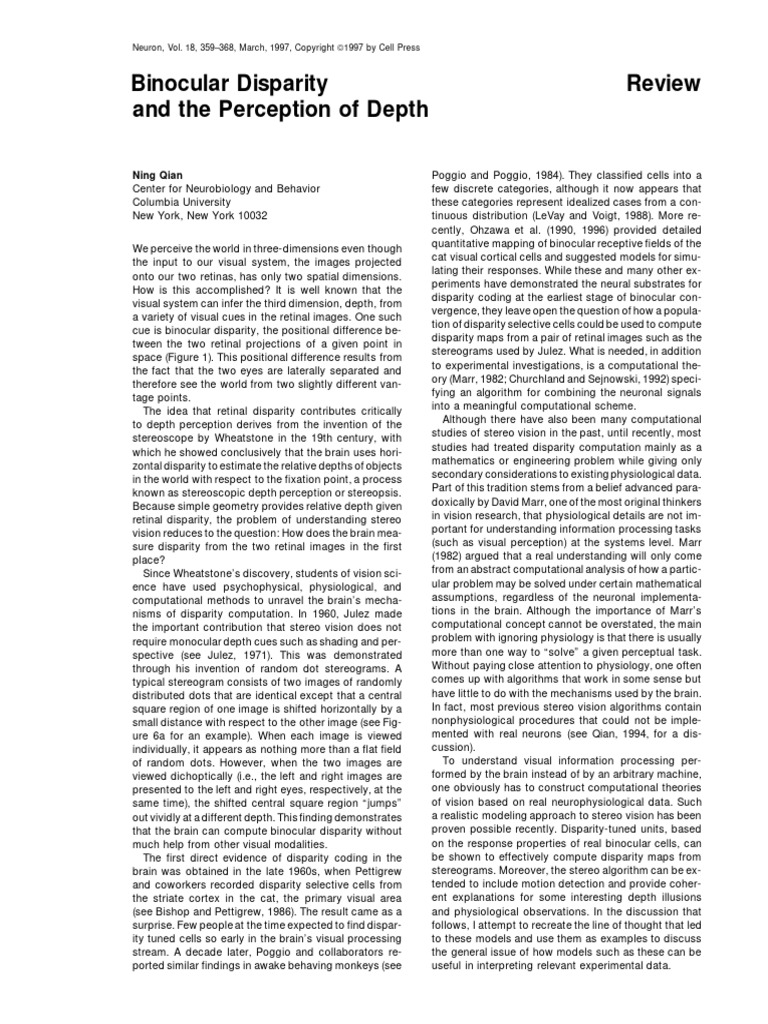 Binocular Disparity Review and The Perception of Depth | PDF