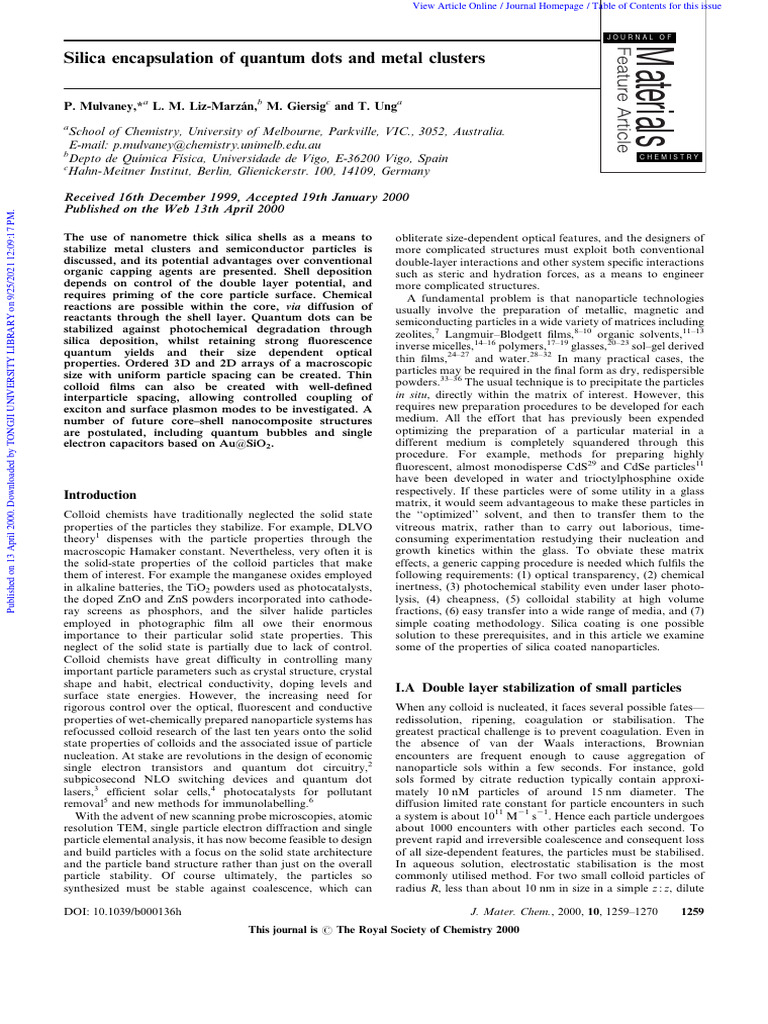 2000-Silica Encapsulation of Quantum Dots and Metal Clusters | PDF | Nanoparticle | Colloid