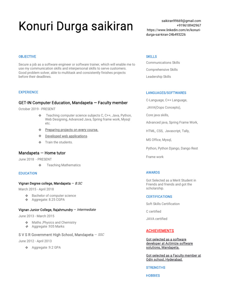 Konuri Durga Sai Kiran's Python Training Instructor Resume | PDF | Software Development