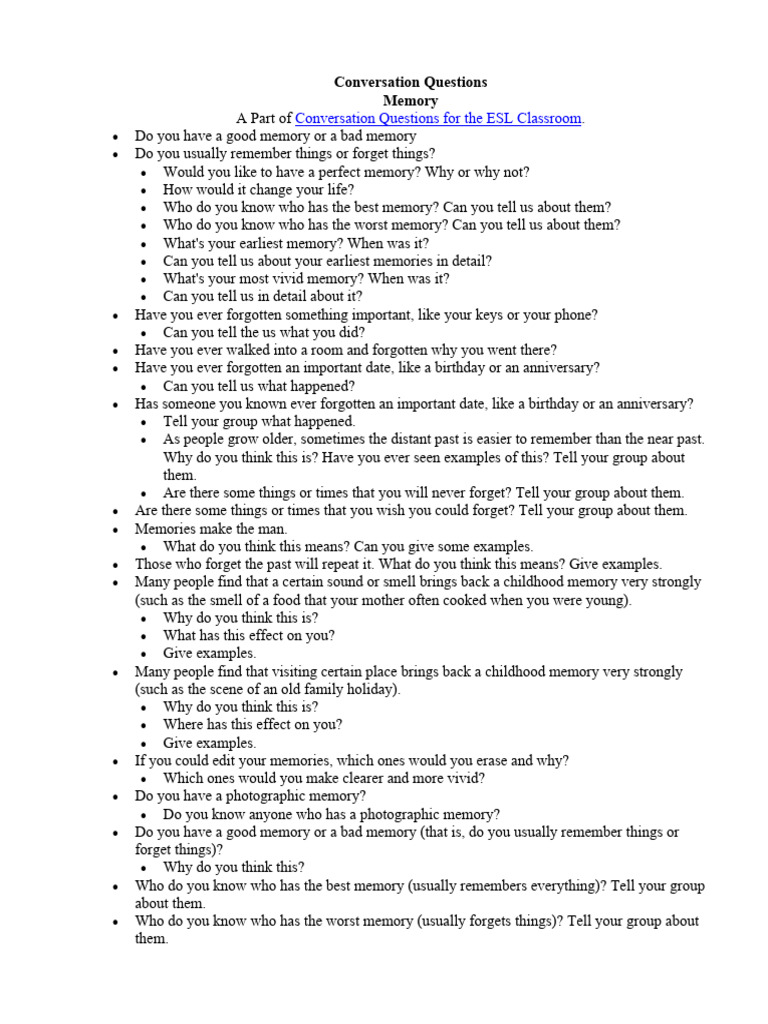 ESL Memory Conversation Questions | PDF | Memory | Neuroscience