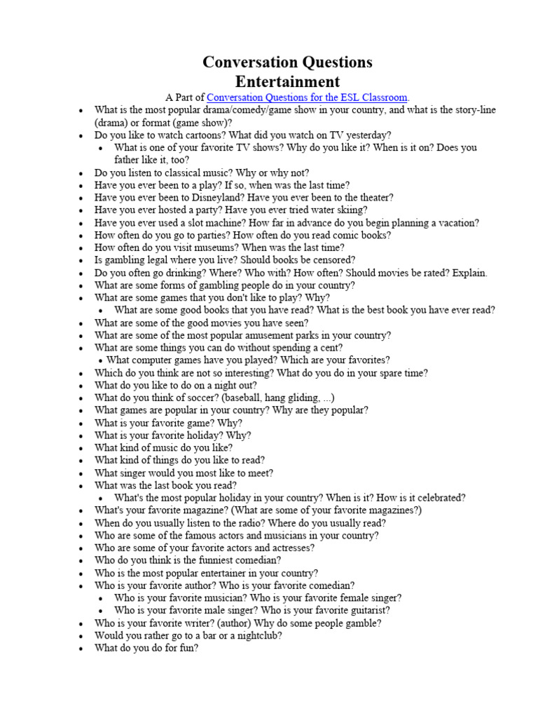 ESL Entertainment Conversation Questions | PDF | Entertainment