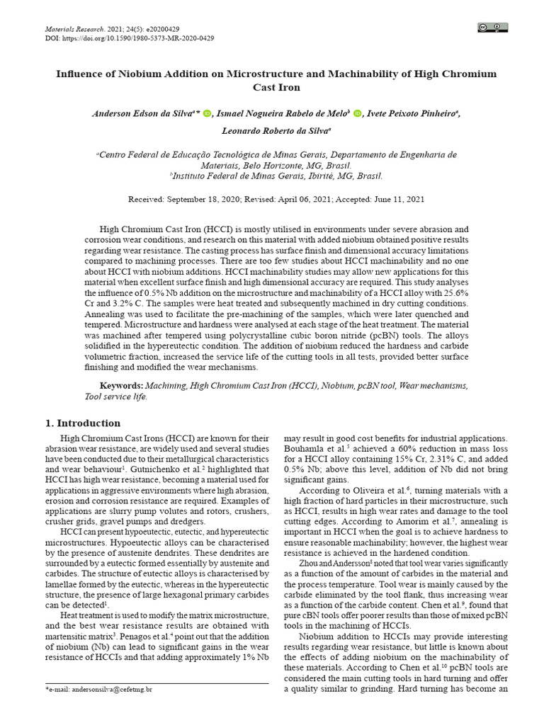 Influence Of Niobium Addition On Microstructure And Machinability Of High Chromium Cast Iron