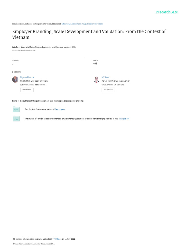 Employer Branding Scale Developmentand Validation Fromthe Contextof Vietnam | PDF