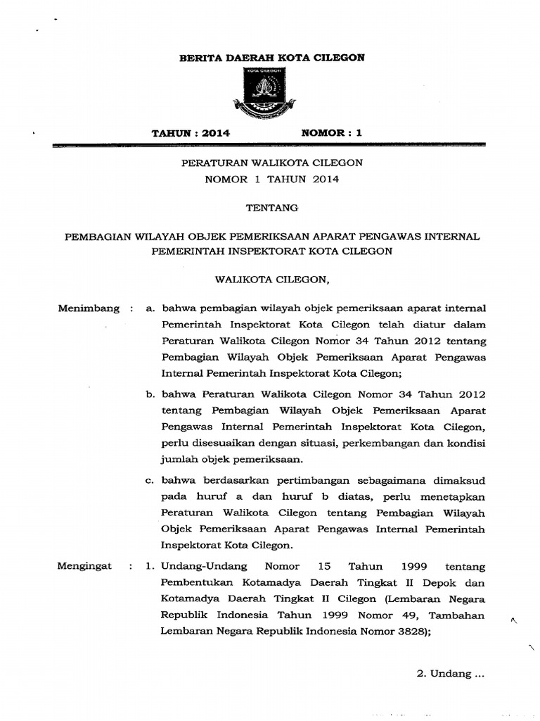 Perwal Cilegon No 1 Tahun 2014 | PDF