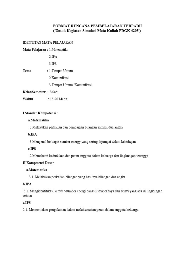 Format Rencana Pembelajaran Terpadu | PDF