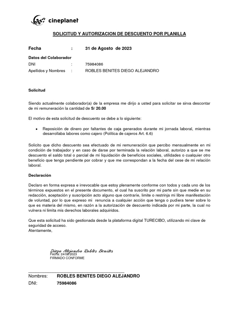 Solicitud Y Autorizacion de Descuento Por Planilla: Datos Del ...