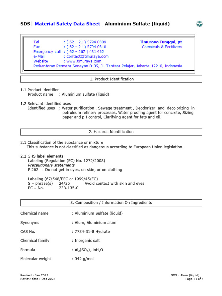 SDS Alum Sulfate (Liq) | PDF | Toxicity | Waste