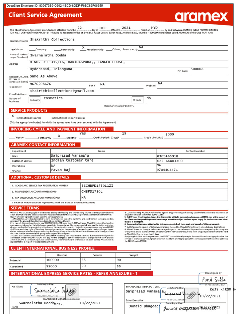 Please Docusign Aramex Customer Service Agr Pdf Fee Email Address