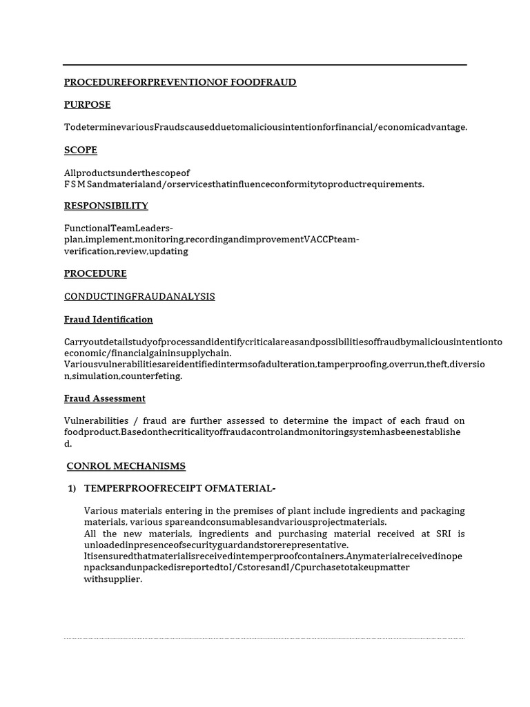 SRI-FSM-02-11 Procedure For Prevention of Food Fraud | PDF | Fraud ...