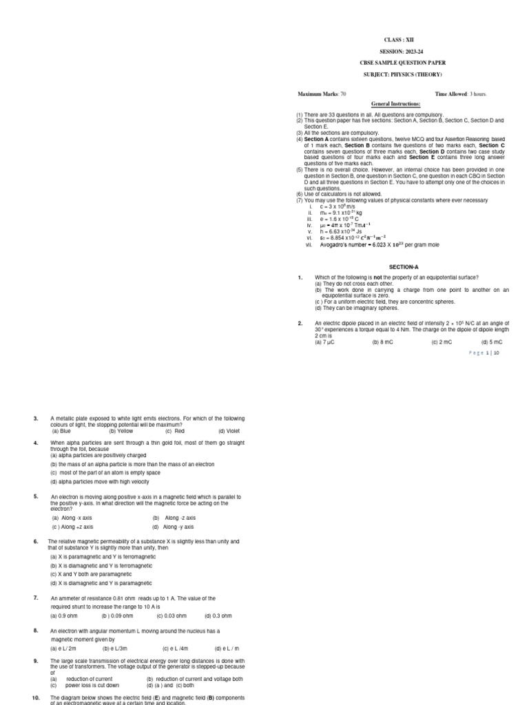 Physics SQP 2023 24 Booklet | PDF