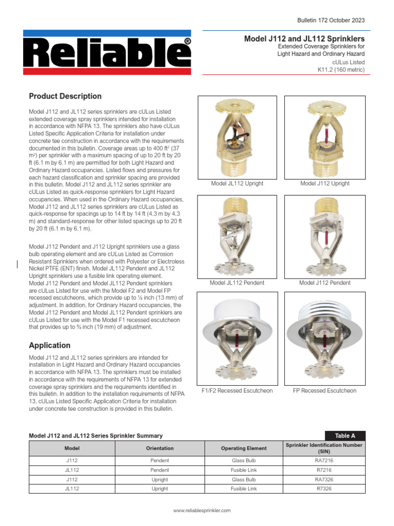 Model J112 and JL112 Sprinklers | PDF | Fire Sprinkler System ...