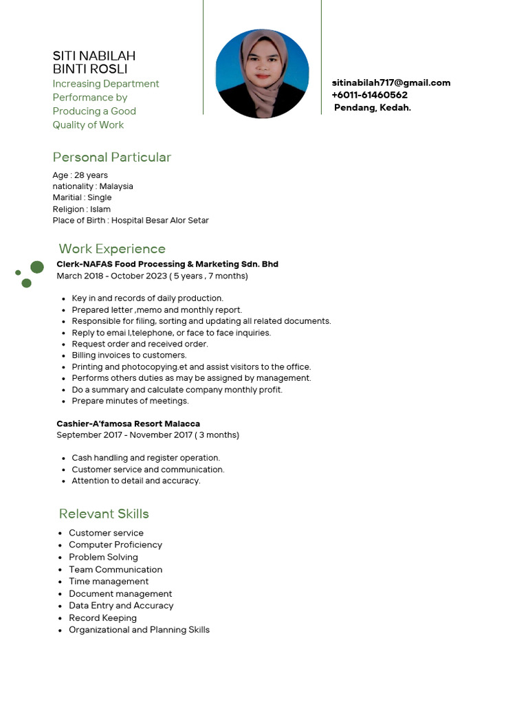 Siti Nabilah's Work Experience & Skills | PDF