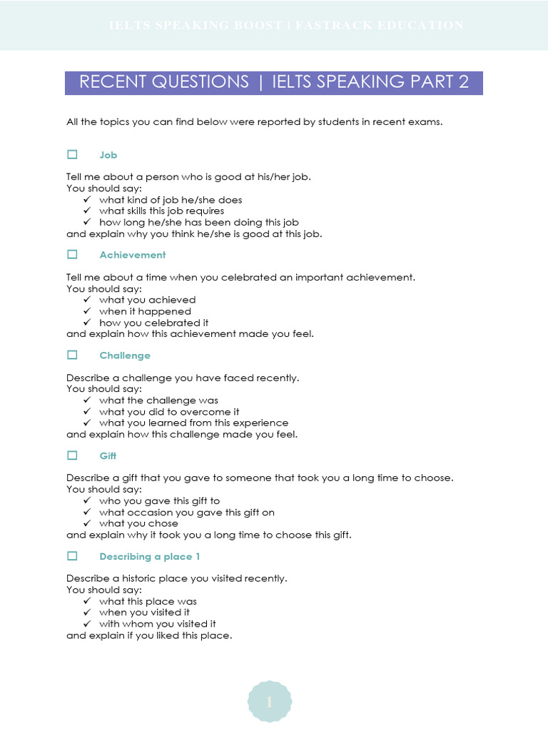 Recent IELTS Speaking Part 2 Topics | PDF