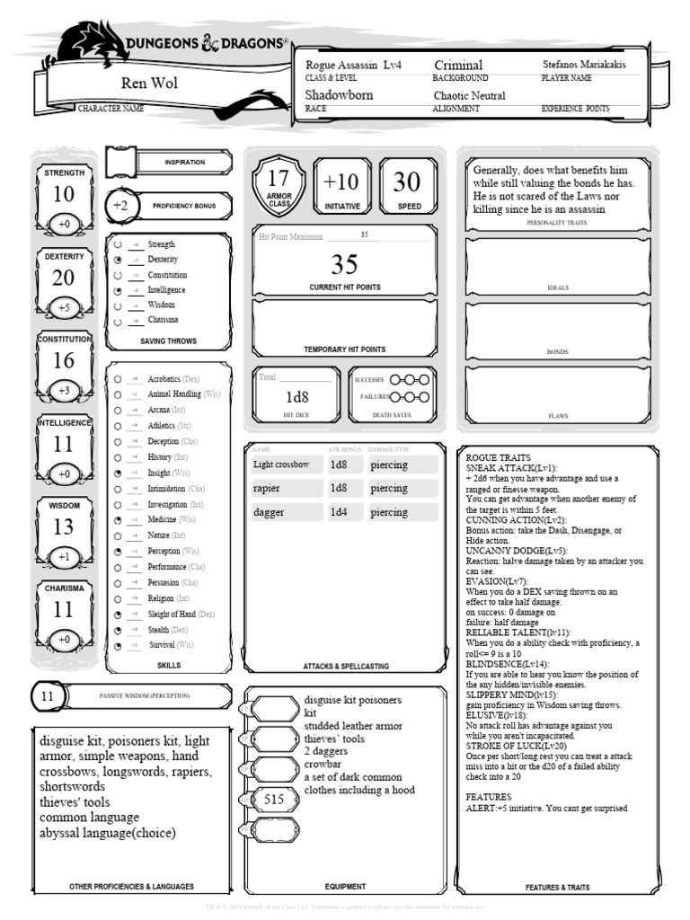 DND Shadowborn Rogue Assassin Ren Wol | PDF | Tabletop Games | Gaming