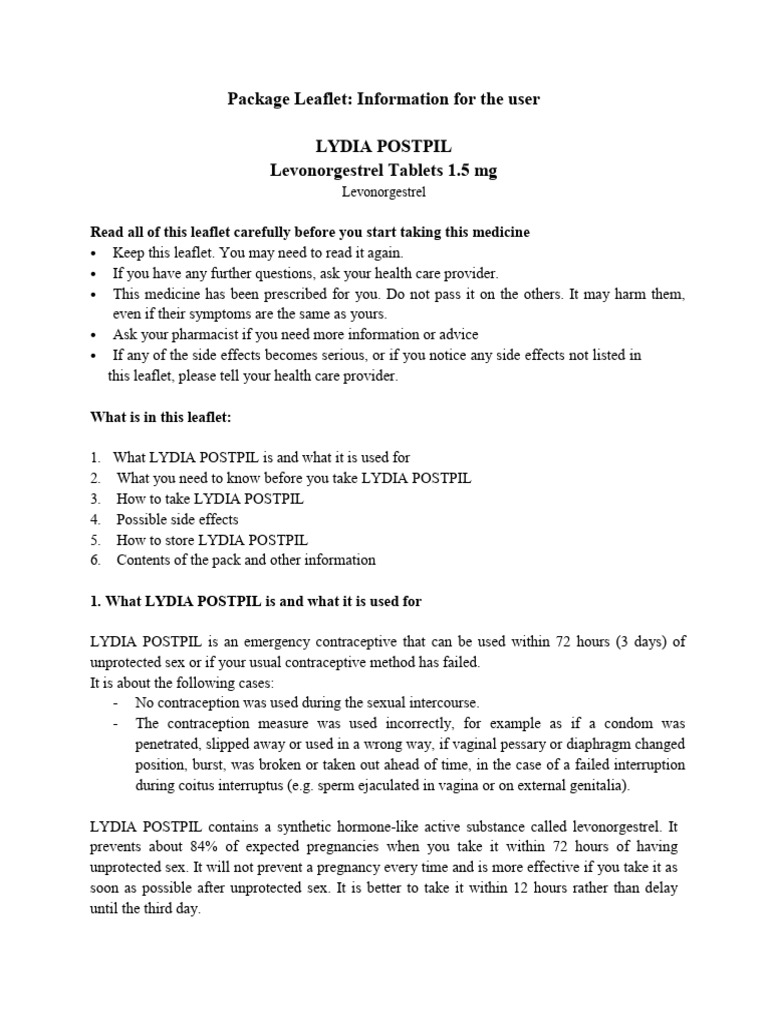 Lydia Postpil 1-5mg Tablets (Levonorgestrel) | PDF