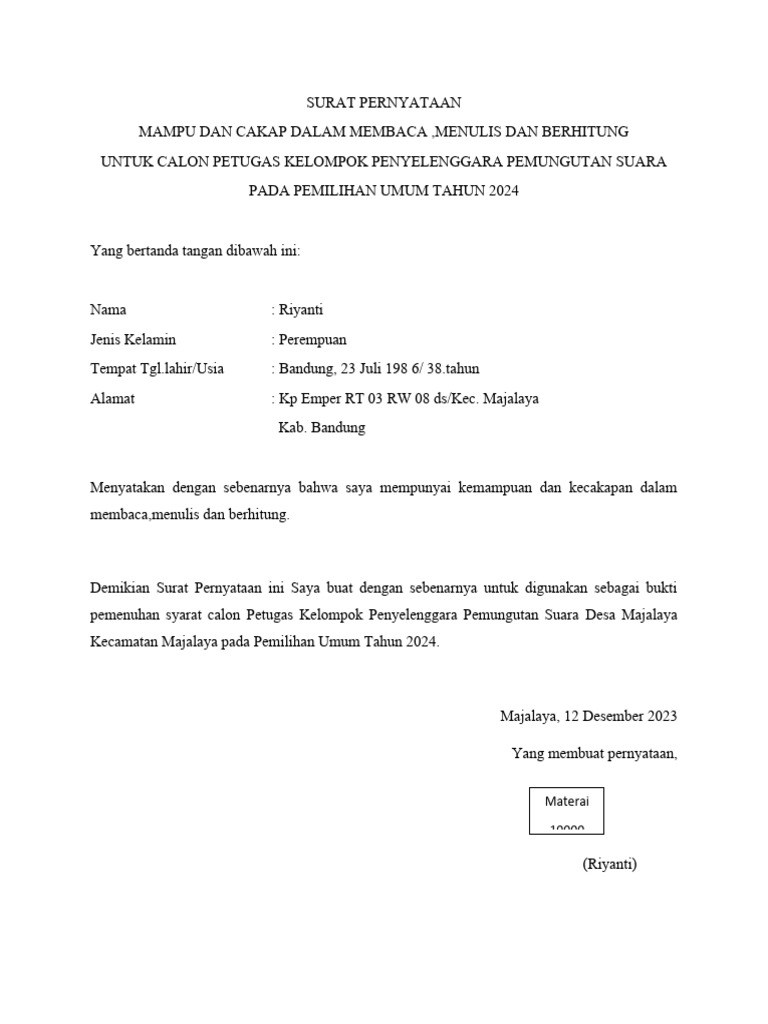 Surat Pernyataan Calistung KPPS | PDF