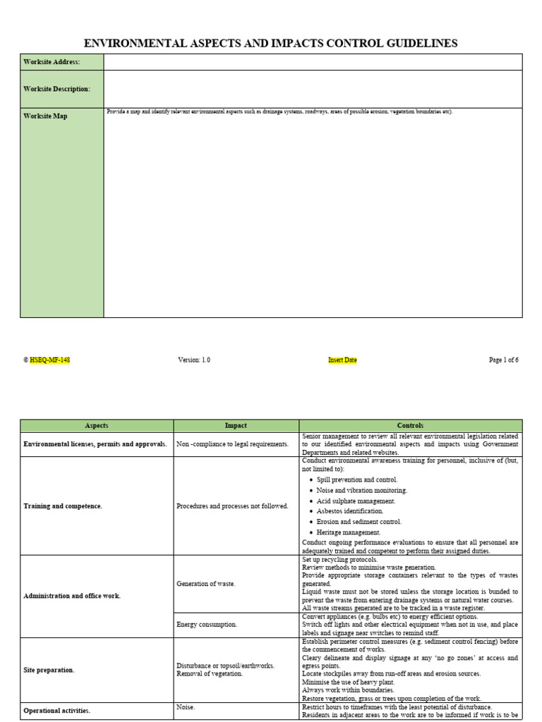 HSEQ MF 148 Environmental Aspects and Impacts Control Guidelines | PDF ...