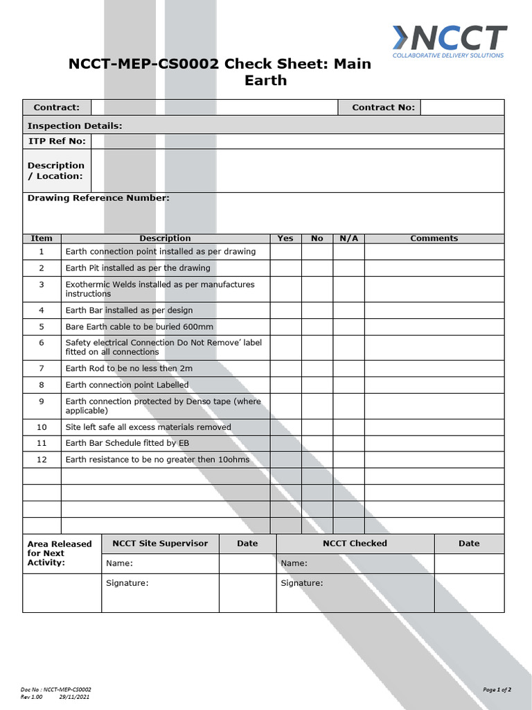 NCCT-MEP-CS0002 - ITP Check Sheet - Main Earth | PDF