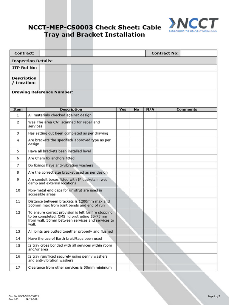 NCCT-MEP-CS0003 - ITP Check Sheet - Cable Tray and Bracket Installation ...