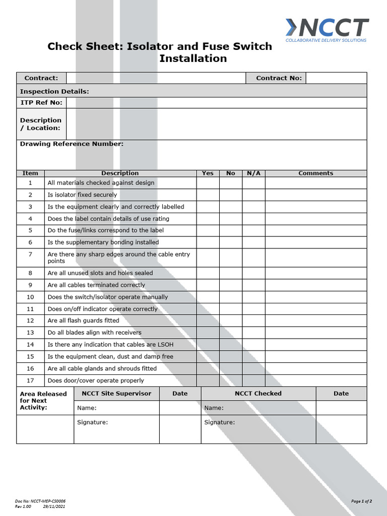 NCCT-MEP-CS0006 - ITP Check Sheet - Isolator and Fuse Switch Installation | PDF