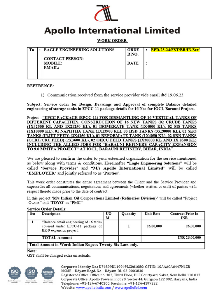 Work Order - Service Order For IOCL Barauni | PDF | Arbitration | Indemnity