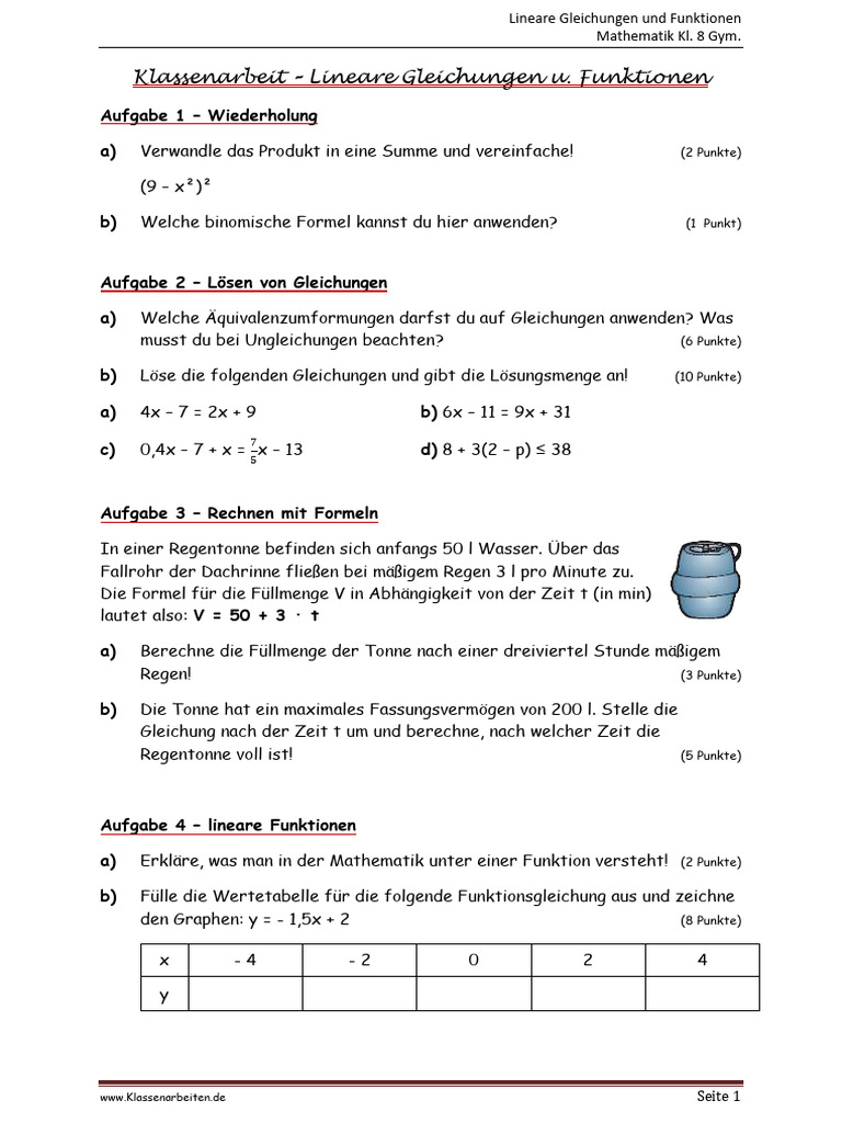 Klassenarbeit - Lineare Gleichungen U. Funktionen: (2 Punkte) | PDF