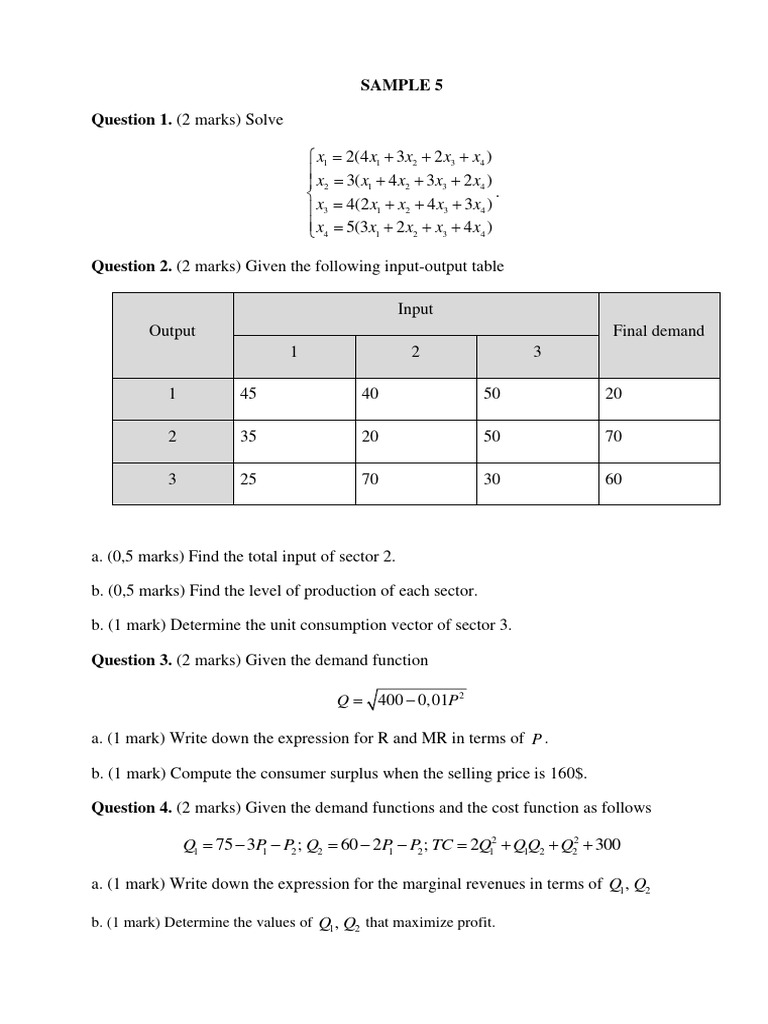 Sample Exam 5, 6 | PDF | Demand | Input–Output Model
