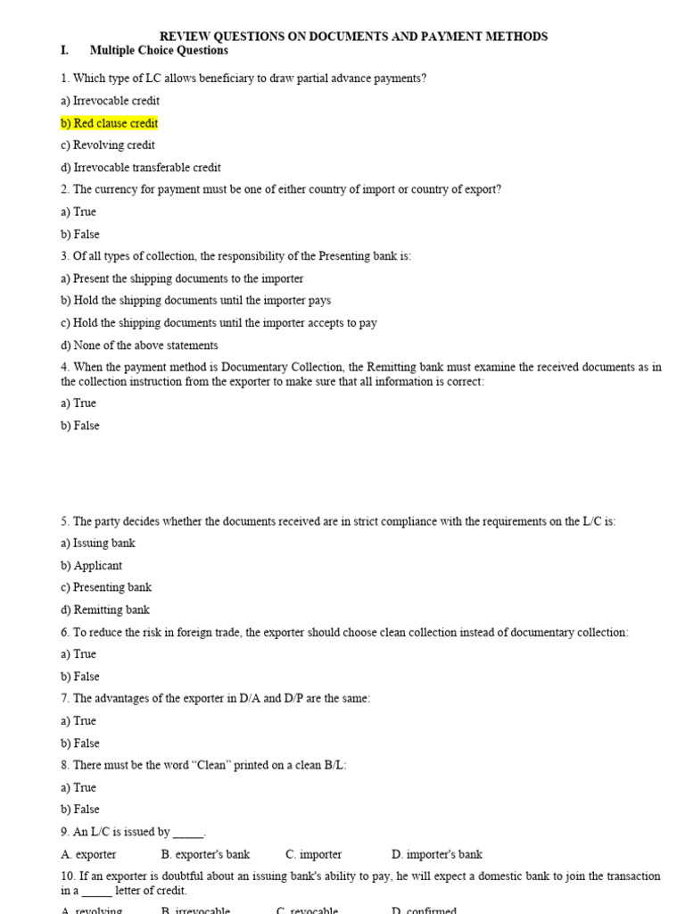 Review Questions On Documents and Payment Methods | PDF | Letter Of ...