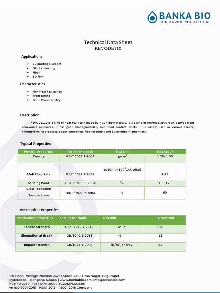 Revode-PLA-110 - 3D PRINTING FILAMENT, FILM LAMINATING, FIBER, BOFILM | PDF