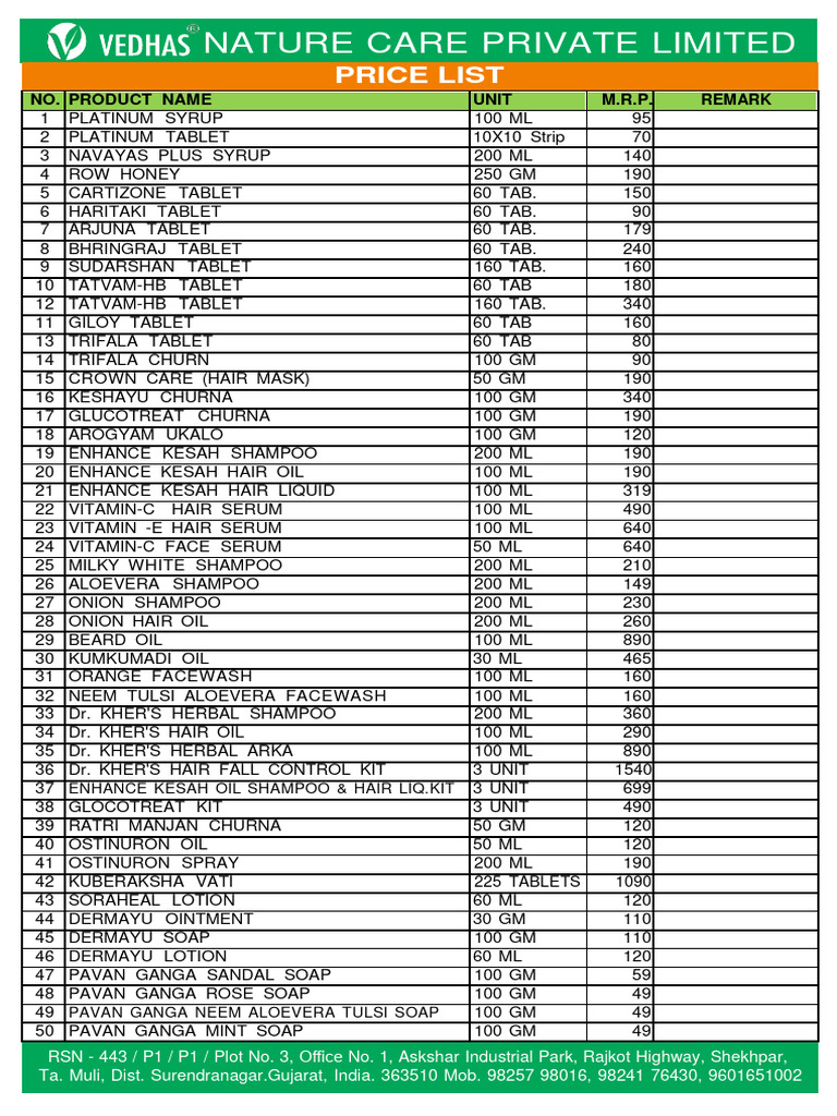 Vedhas Price List New .Word | PDF | Beauty | Dermatology
