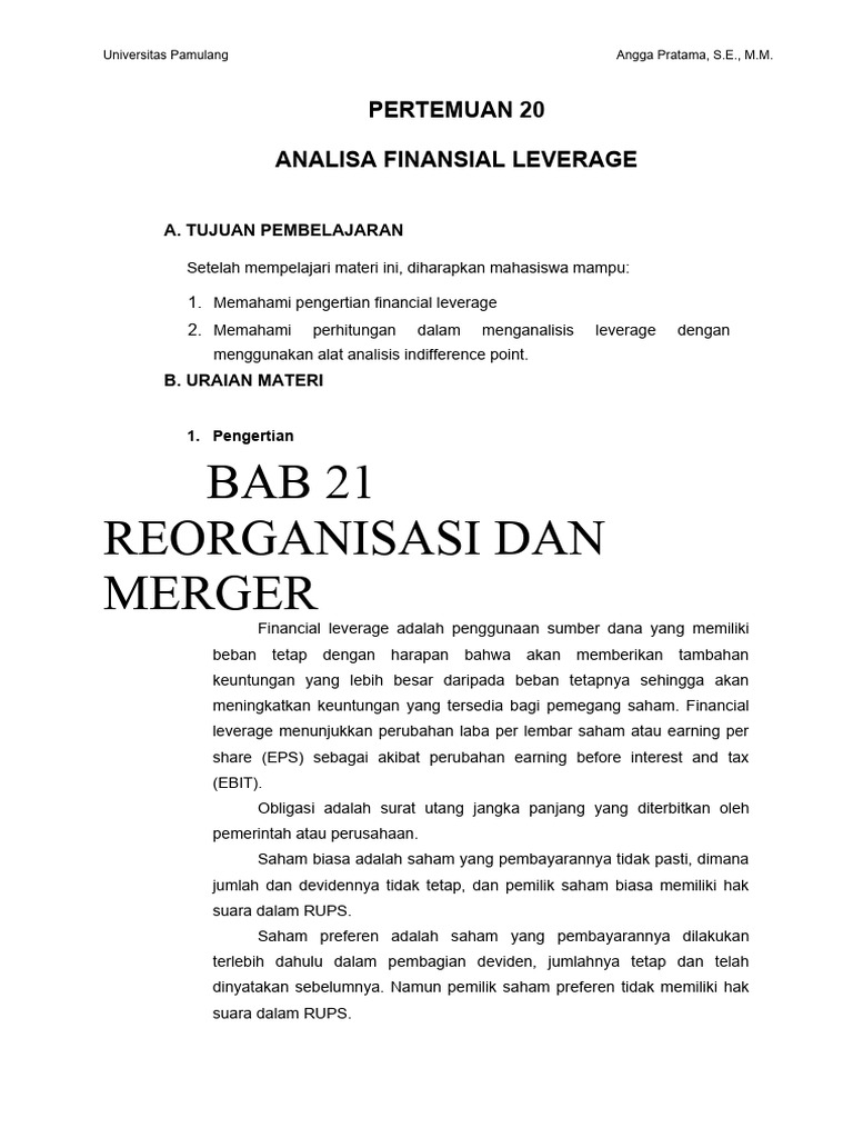 PЕRTЕMUAN 20 - ANALISIS FINANSIAL LEVERAGE | PDF