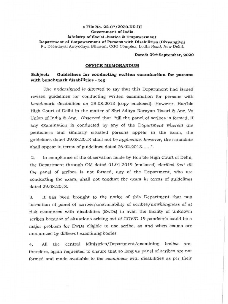 Office Memorandum Guidelines For Conducting Written Examination For Persons - Reg | PDF