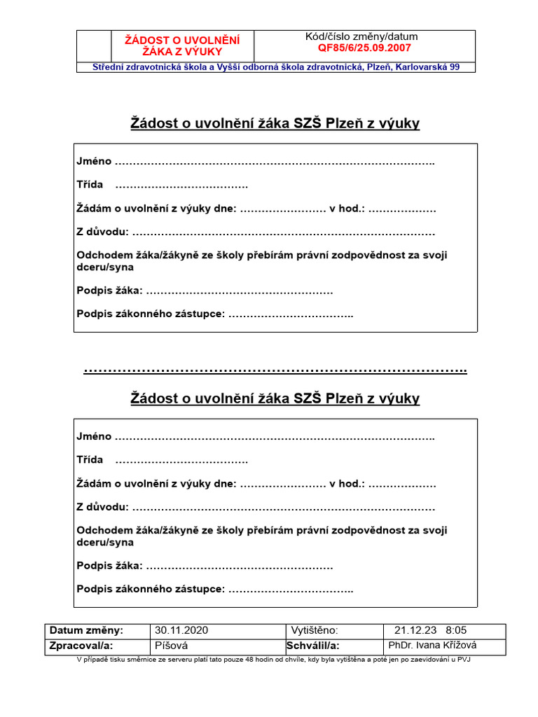 QF85 Zadost o Uvolneni Zaka Z Vyuky | PDF