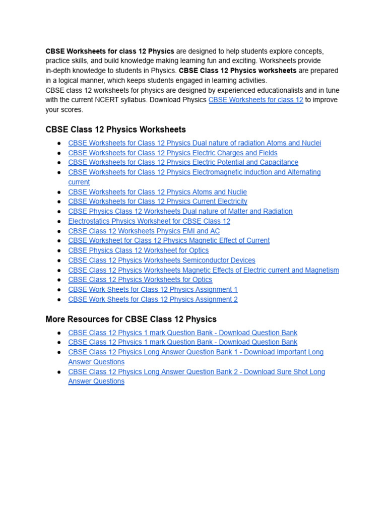 CBSE Class 12 Physics Worksheets Guide | PDF | Physics | Worksheet