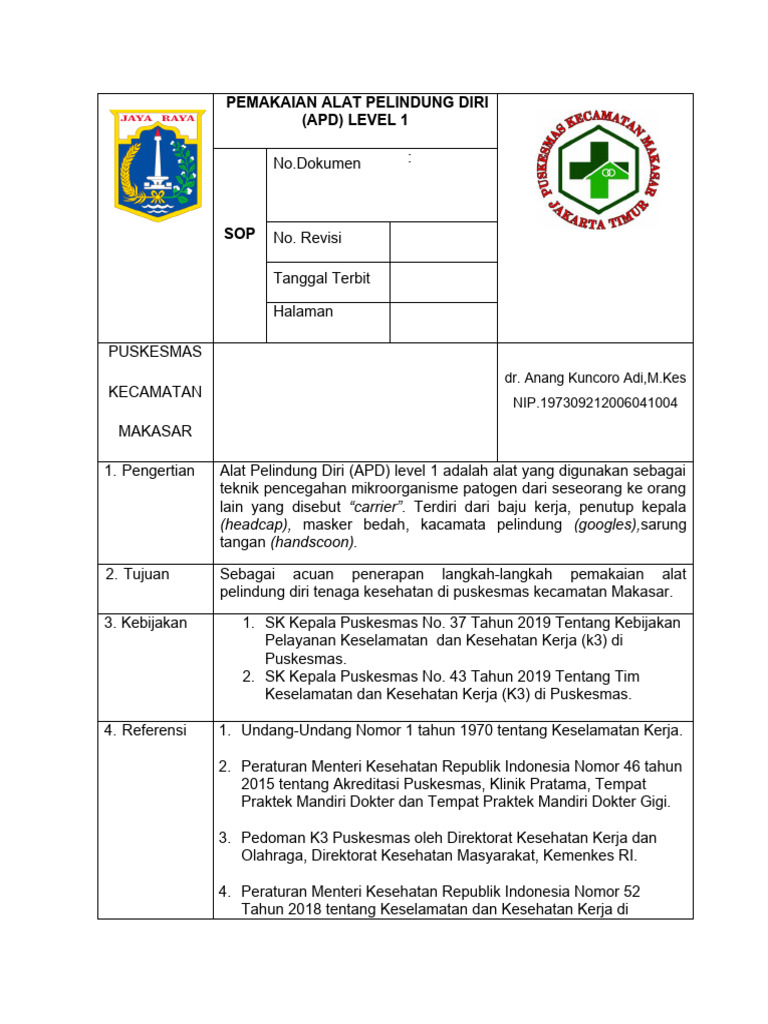 Pemakaian Alat Pelindung Diri (Apd) Level 1 Revsi | PDF