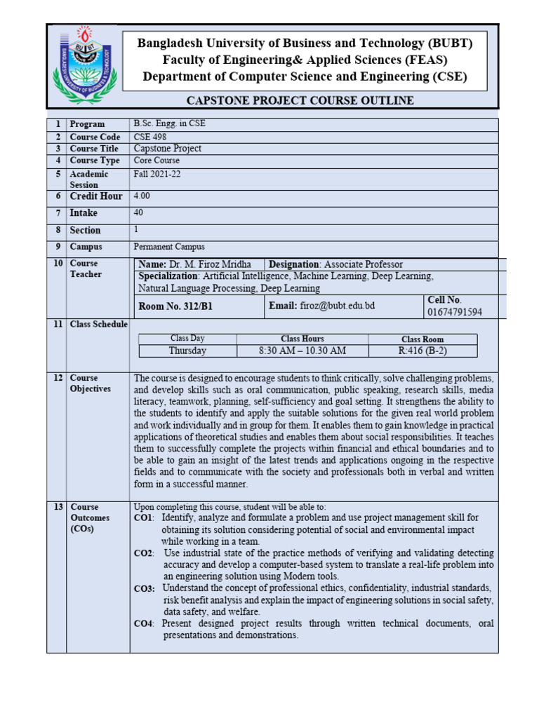 CSE 498 Capstone Project OBE Based Course Outline For Fall 2021 | PDF ...