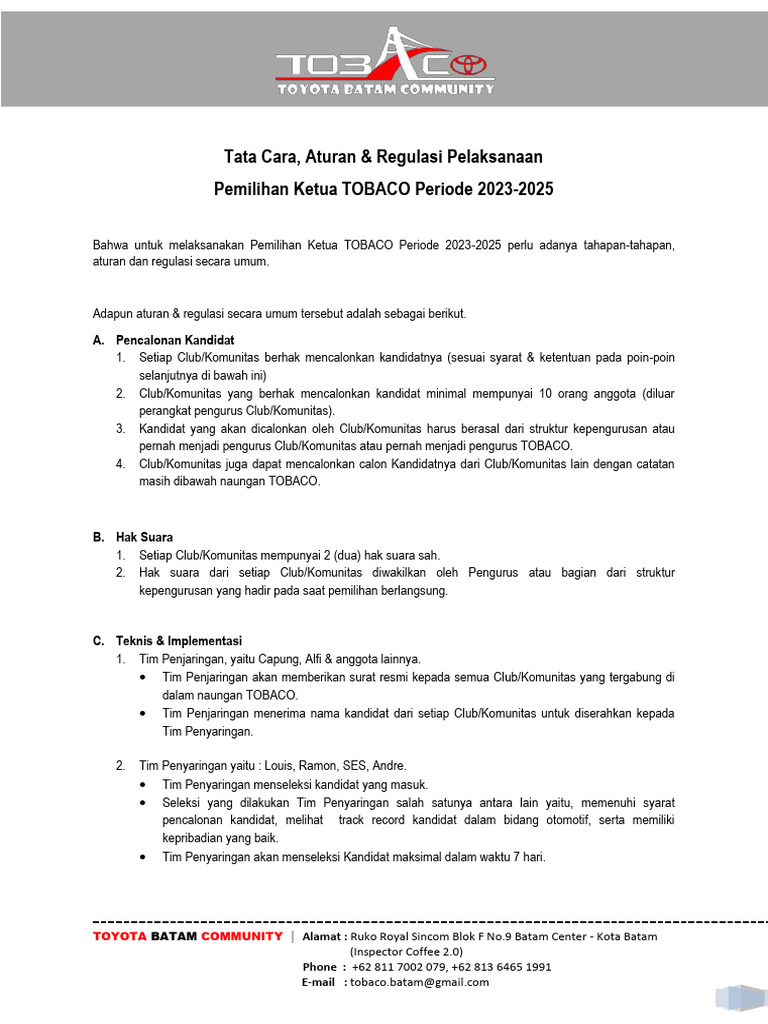 Aturan & Regulasi Pemilihan Ketua Tobaco Periode 2023-2025 | PDF