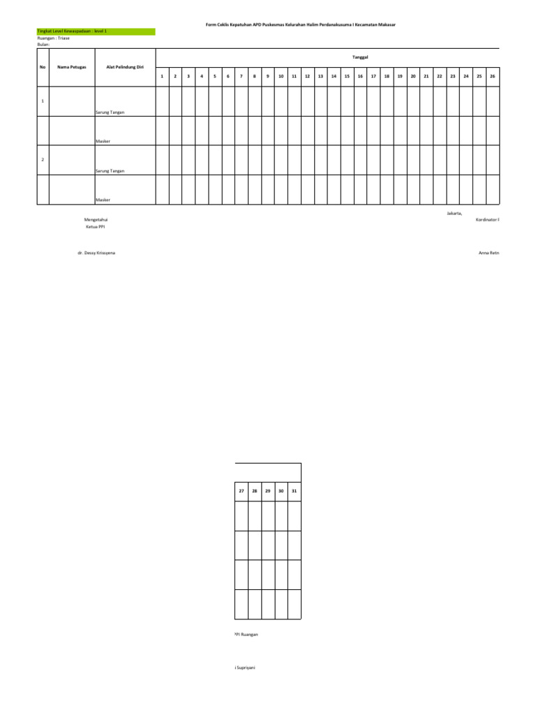 Ceklis Apd Ruangan PKL Halim PK I | PDF