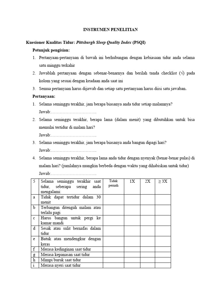 Instrumen Penelitian Kualitas Tidur (Psqi) | PDF | Karier & Perkembangan