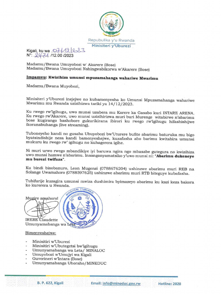 Kumenyesha Umunsi Mukuru Wa Mwarimu - 14 - 12 - 2023 | PDF