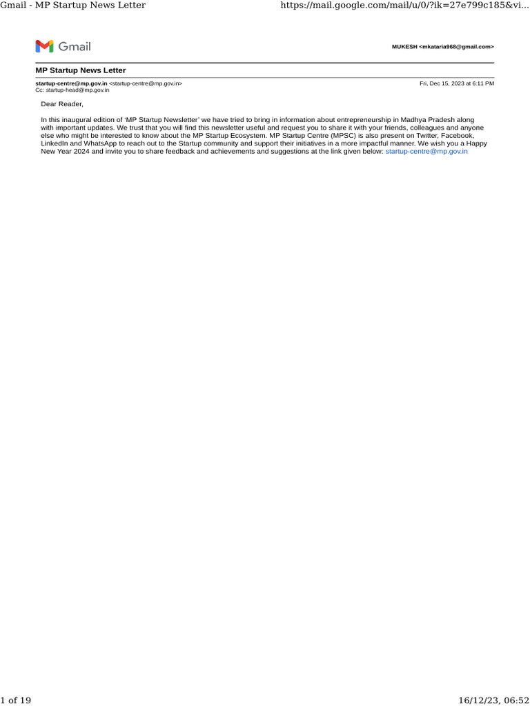 Gmail - MP Startup News Letter | PDF | Startup Company | Small Business ...