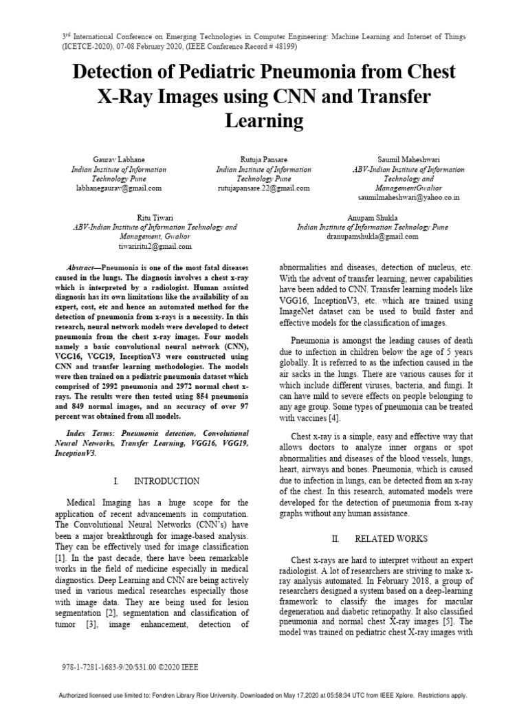 Detection of Pediatric Pneumonia From Chest X-Ray Images Using CNN and ...