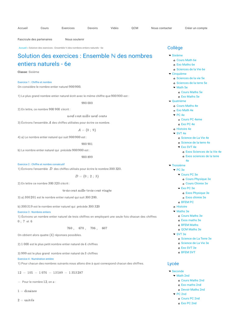 Solution Des Exercices - Ensemble Des Nombres Entiers Naturels | PDF