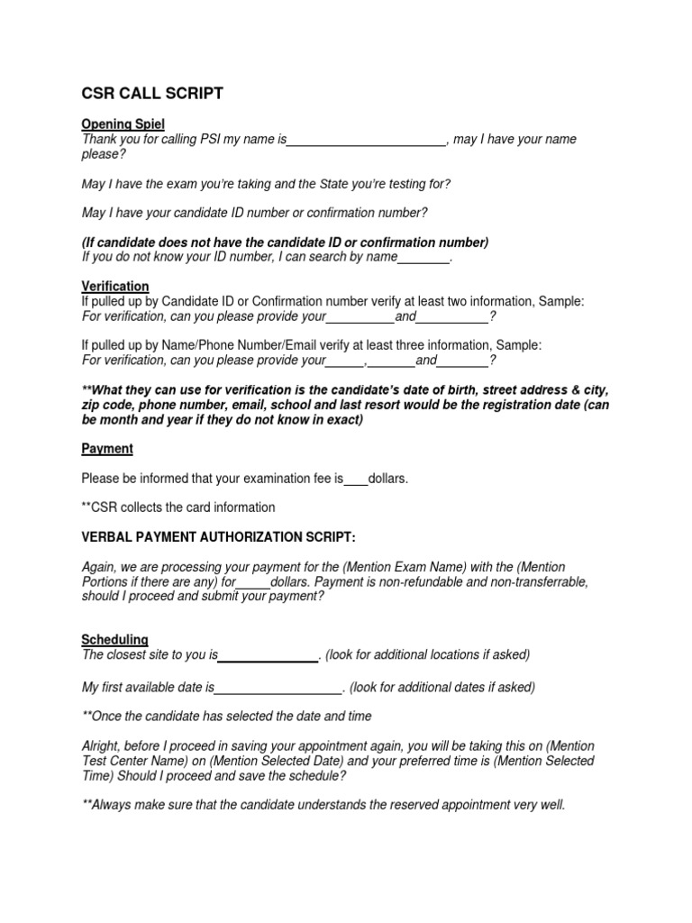 CSR Call Script for Exam Scheduling | PDF | Service Industries