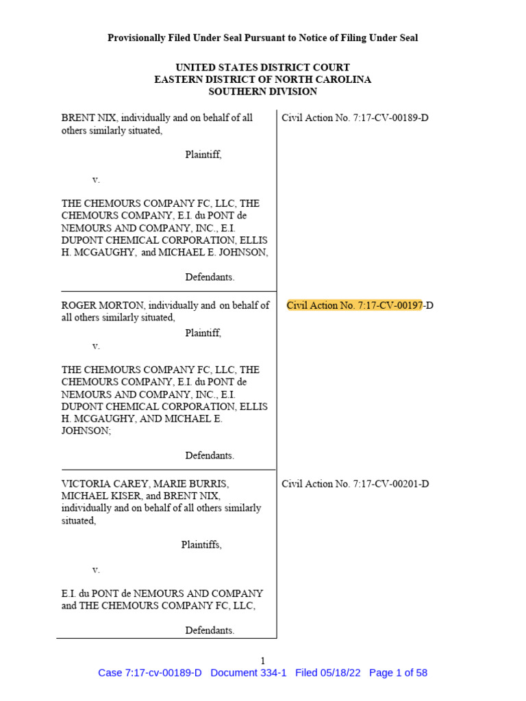 CYD DUPONT CASE - Motion For Class Certification Chemours 05182022 ...
